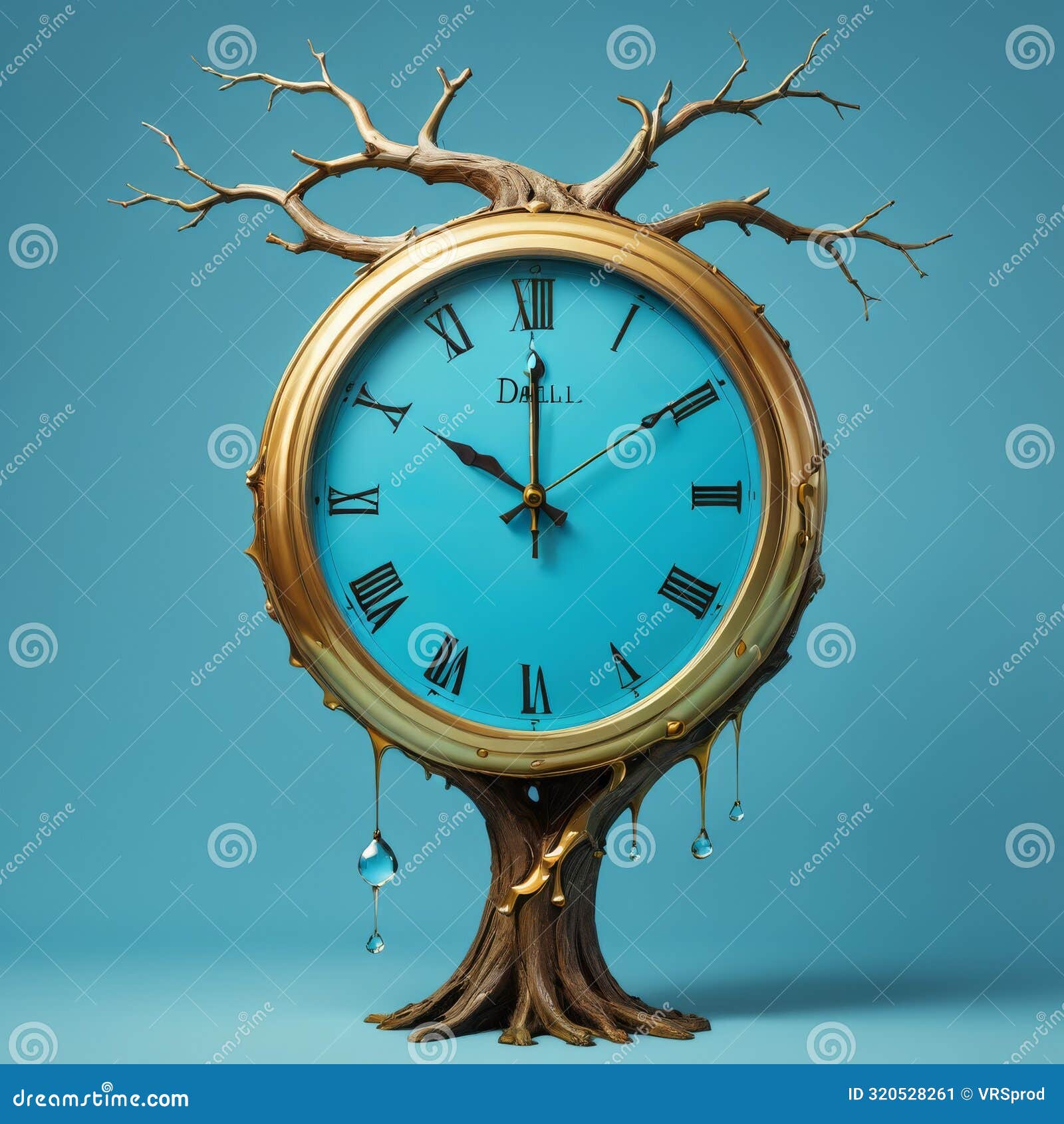 Surreal Clock with Tree Branches on Blue Background Stock Image - Image ...