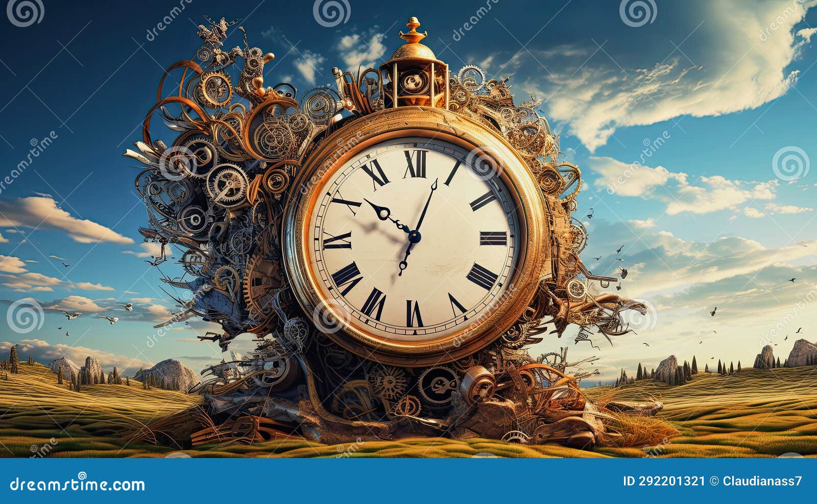 Surreal Clock in a Whimsical Landscape Stock Image - Image of ...