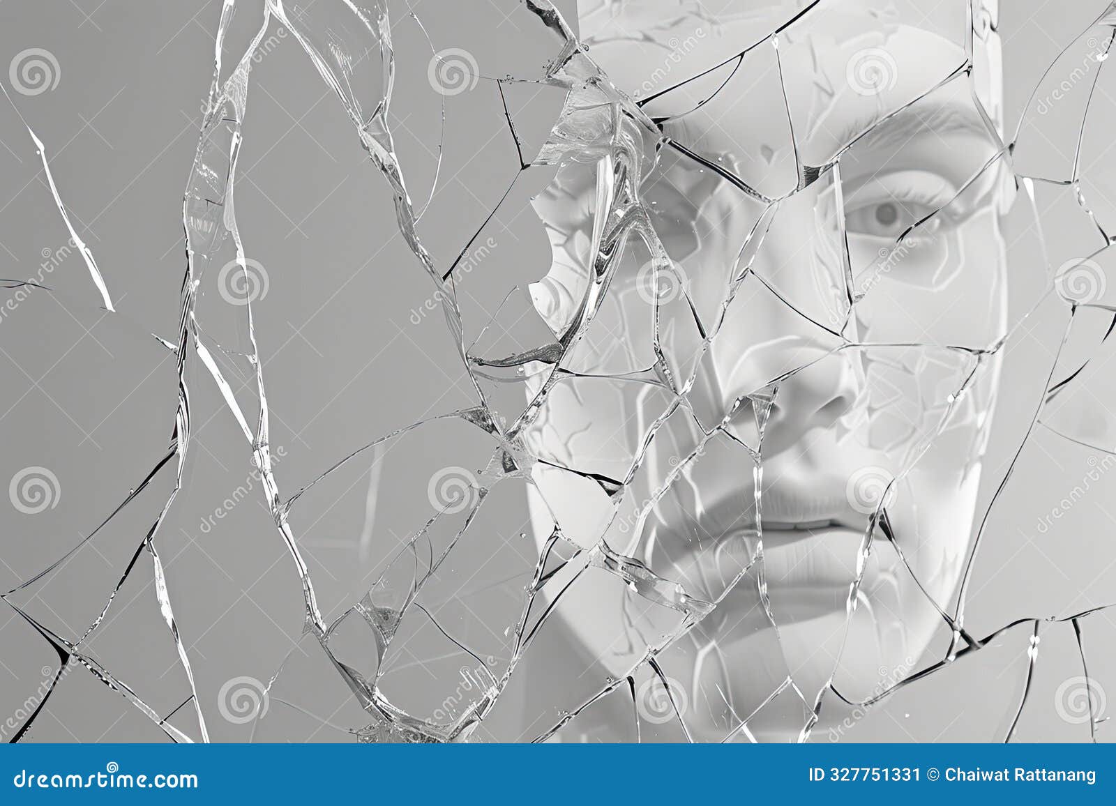 Surreal Close-up of Cracked Mirror with Ghostly Face Reflection in ...