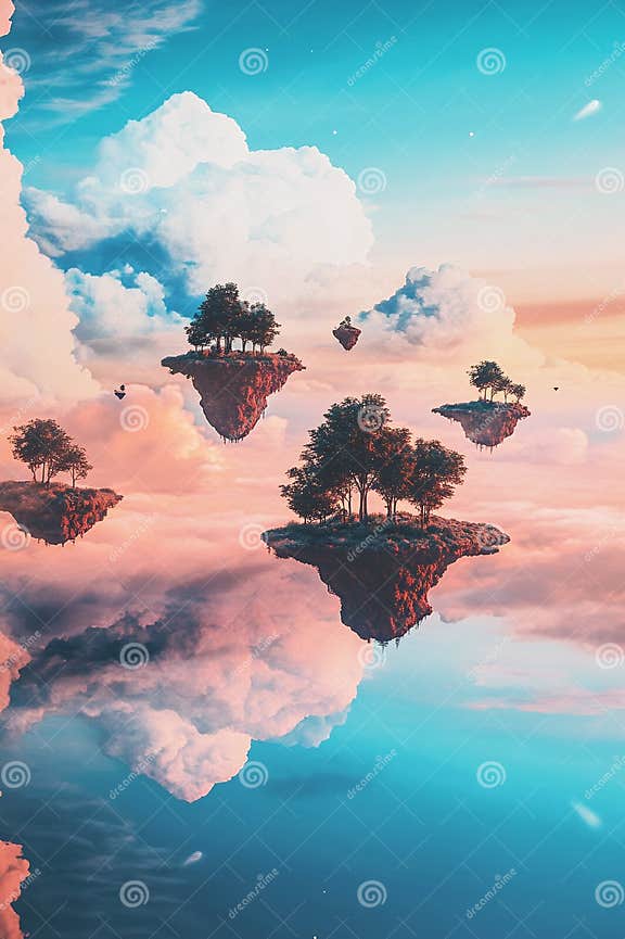 A Surreal Cloudscape with Floating Islands and a Gradient Sky. Stock ...