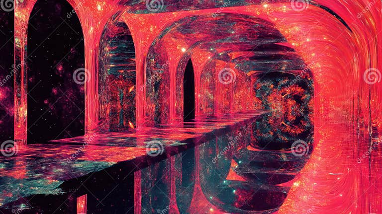 A Surreal, Colorful Corridor with Cosmic Patterns Reflecting in a ...