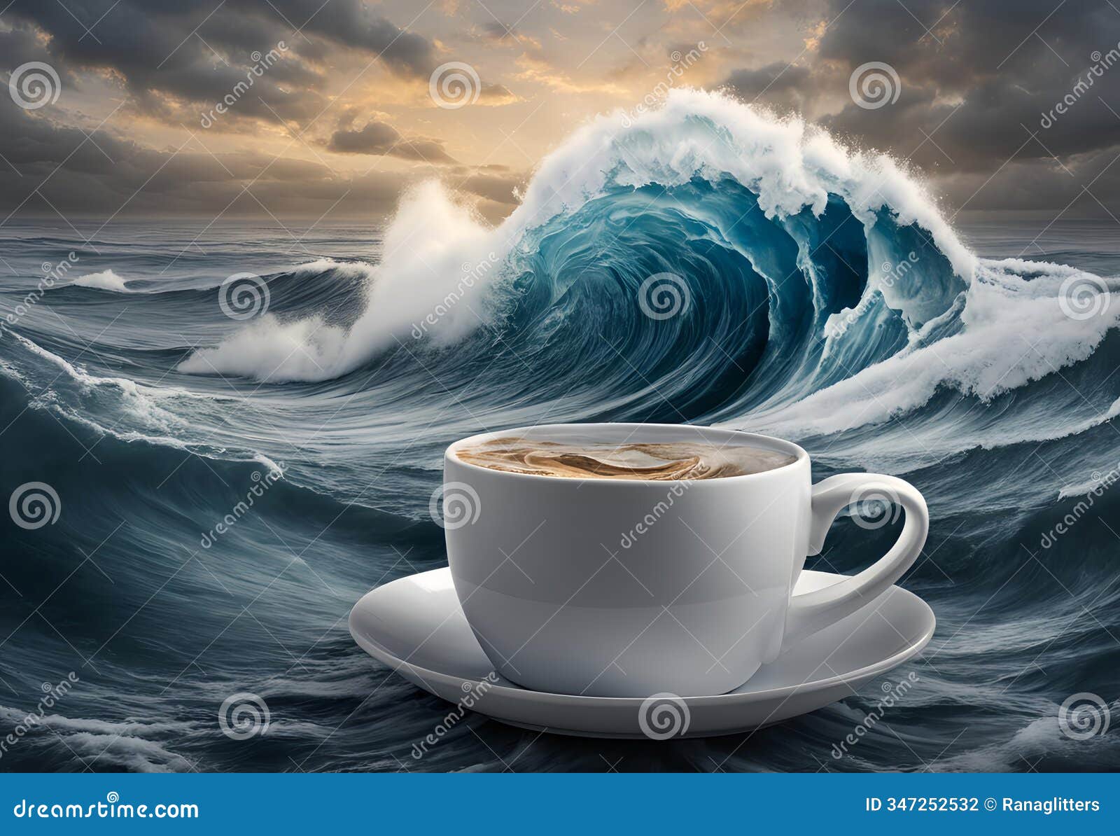 A Surreal Concept Showing a Large Ocean Wave Inside a Coffee Cup Stock ...