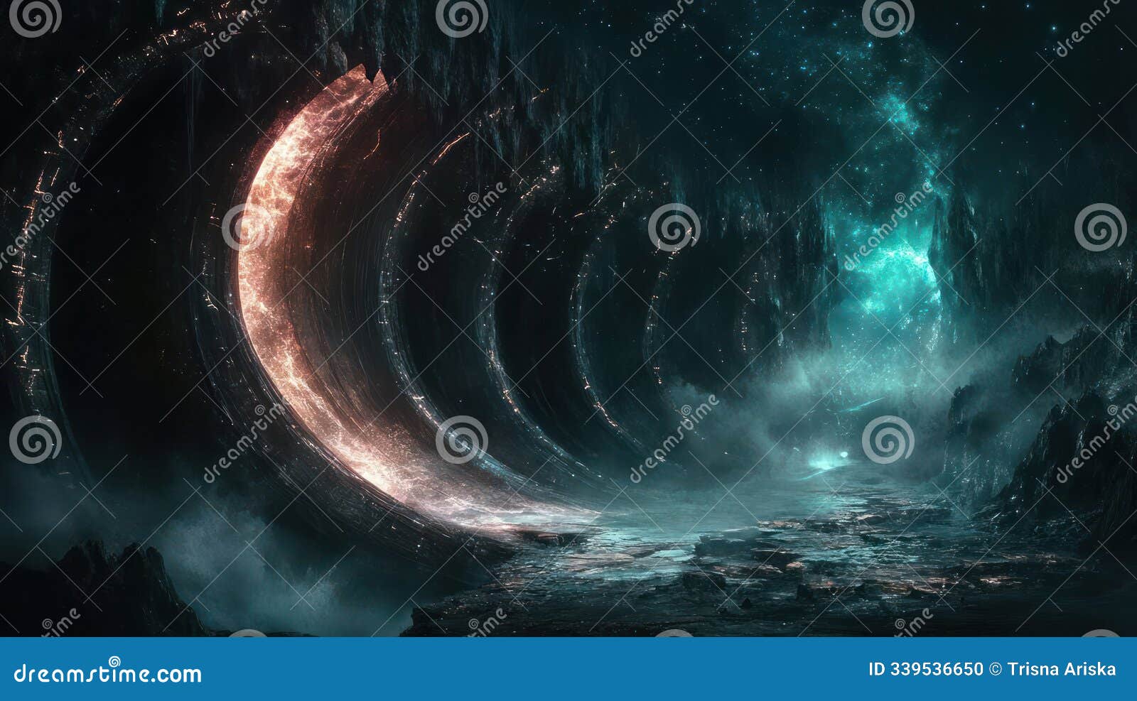 A Surreal Cosmic Landscape Featuring Glowing Arches and Ethereal Mist ...
