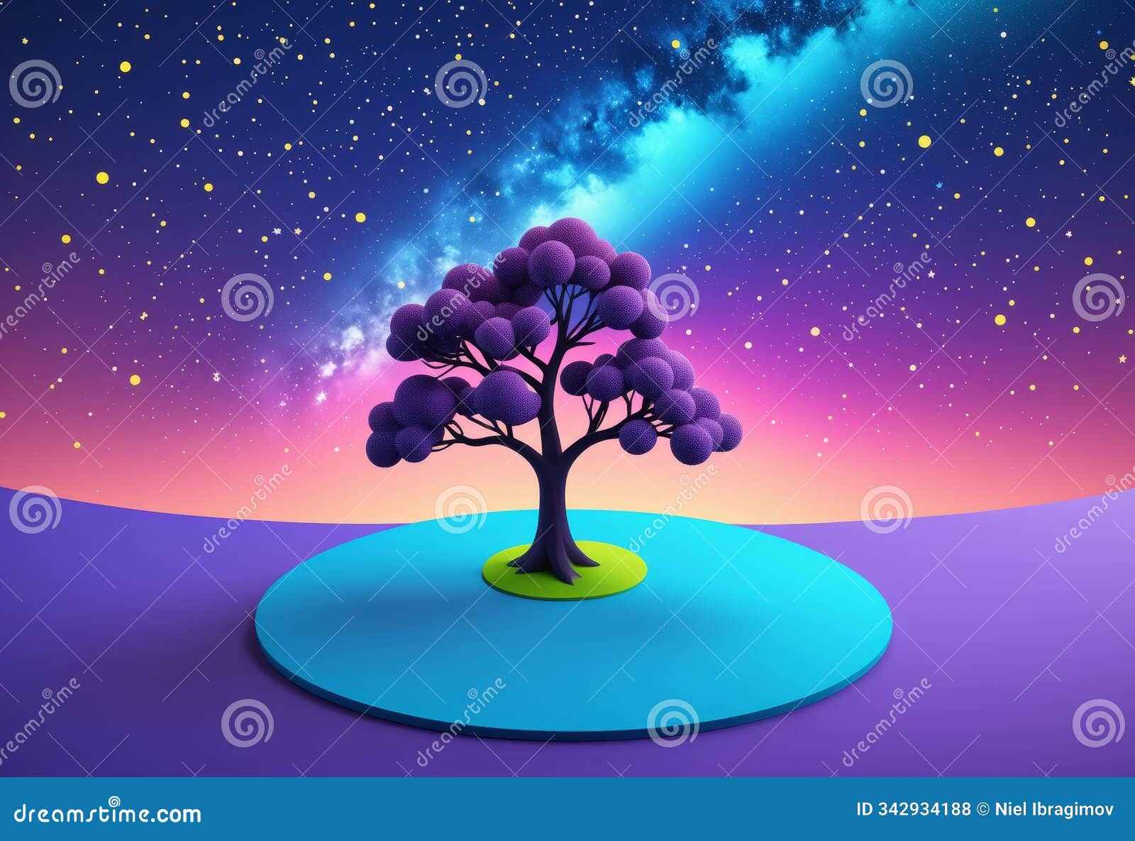 Surreal Cosmic Tree with Vibrant Colors and Starry Night Sky Stock ...