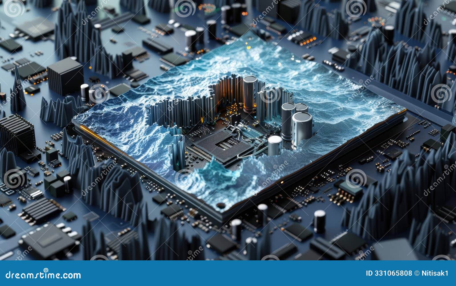 Surreal 3D Model of an Electronic Mainboard Melting into Abstract Data ...