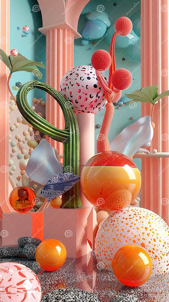 Surreal 3D Render of Abstract Sphere and Plant Forms Stock Illustration ...