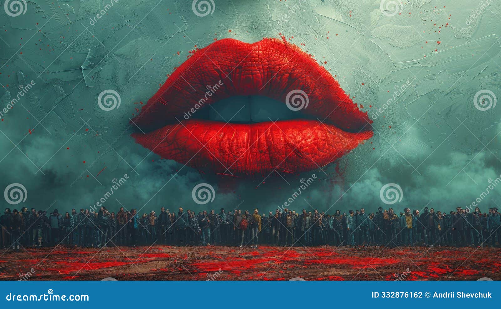 Surreal Depiction of a Crowd Under Giant Red Lips on a Cloudy Backdrop ...