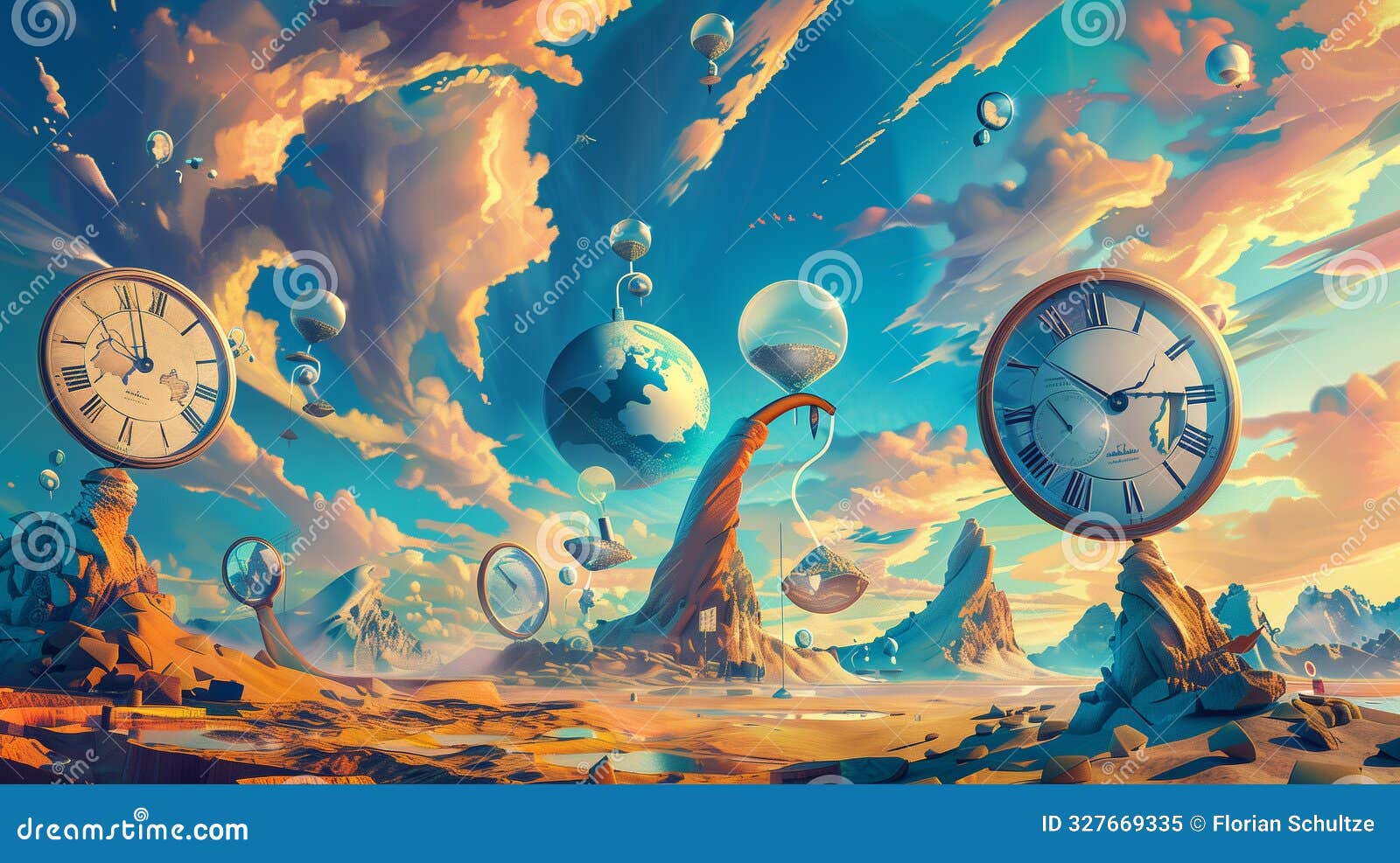 Surreal Depiction of Time with Clocks and Hourglasses Stock ...
