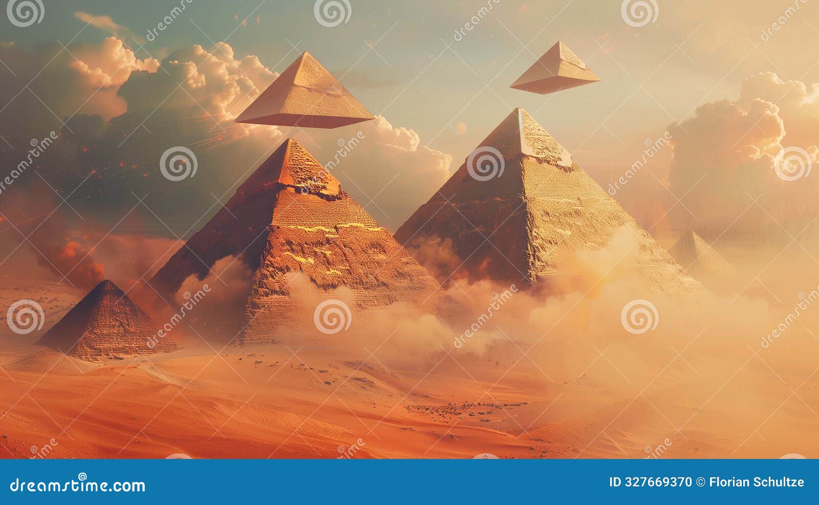 Surreal Desert with Floating Pyramids and Mirages Stock Illustration ...