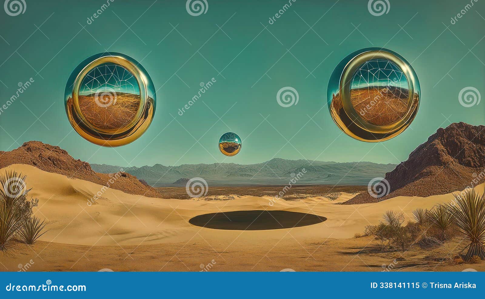 A Surreal Desert Landscape with Floating Reflective Spheres and a Dark ...