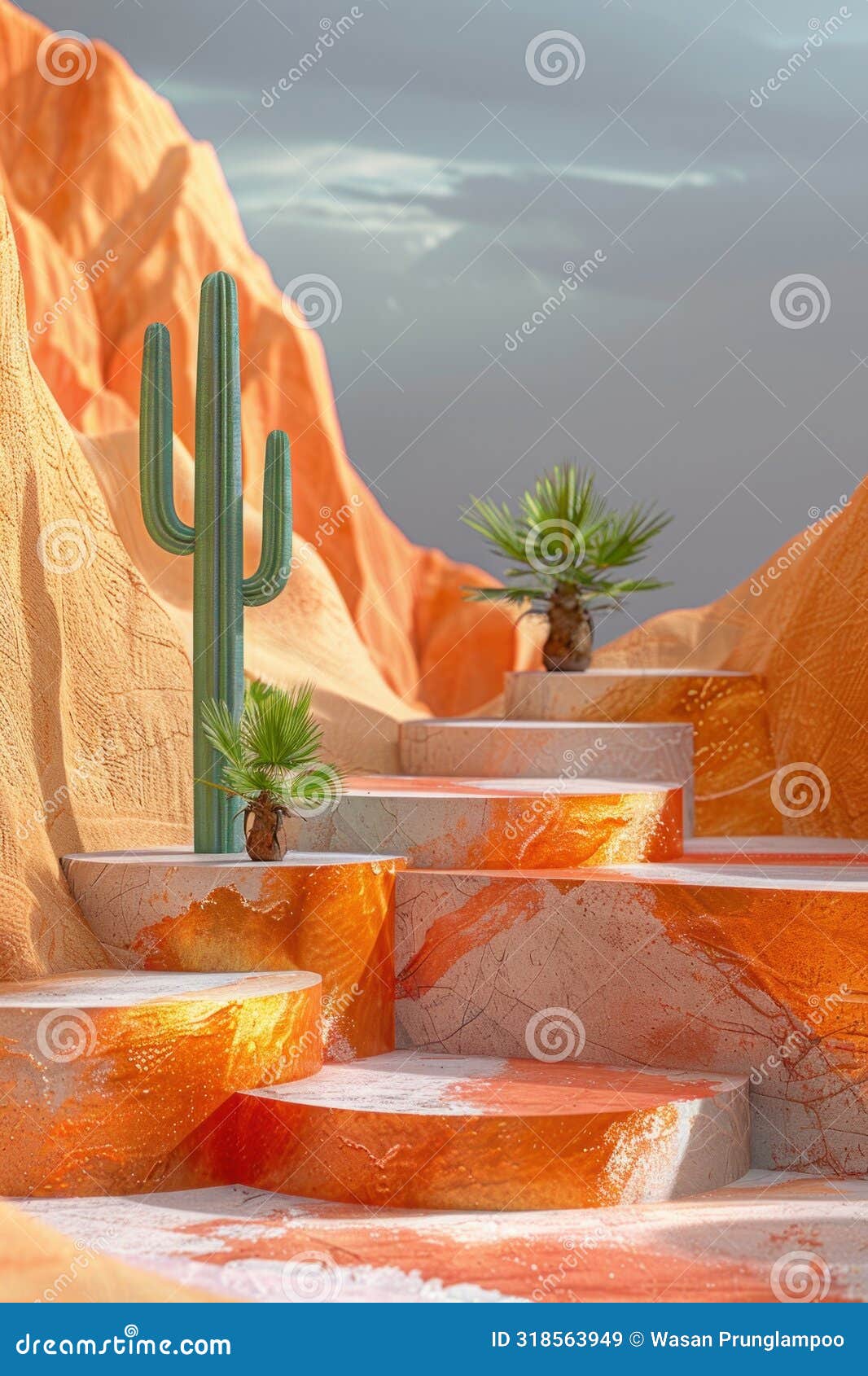Surreal Desert Landscape with Floating Rocks and Palm Trees Stock Image ...