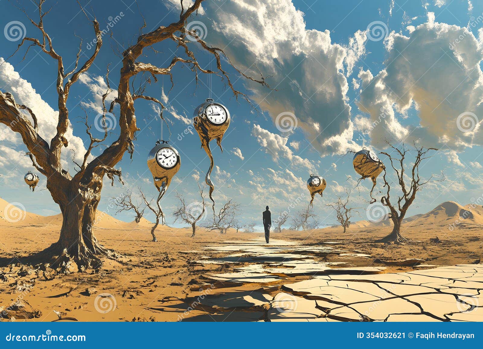 Surreal Desert Landscape with Melting Clocks Illustration Stock ...