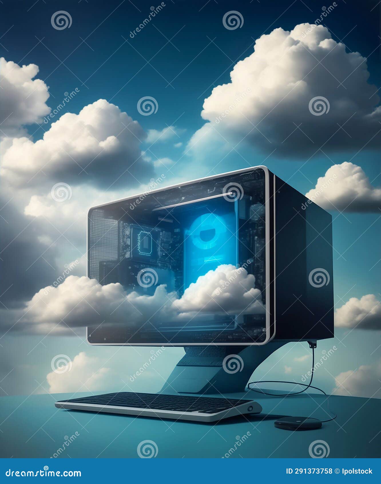 Surreal Desktop Computer with Holographic Elements Stock Illustration ...