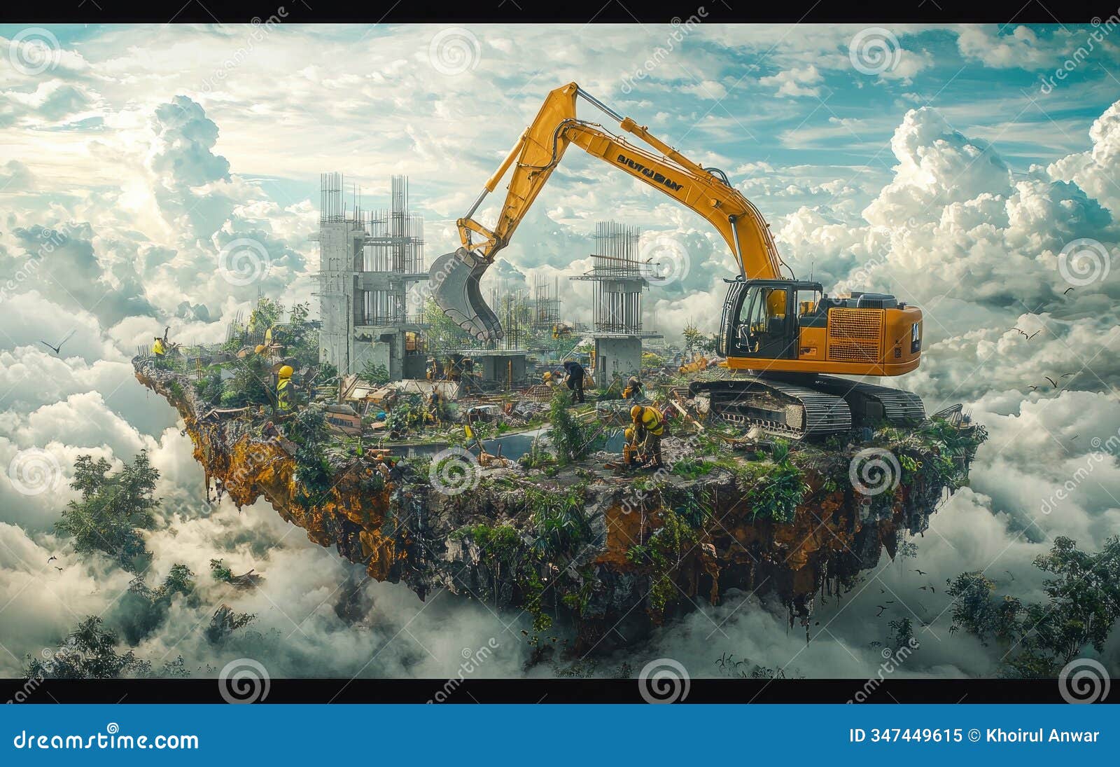 Surreal Digital Art of a Construction Site Floating in the Clouds with ...