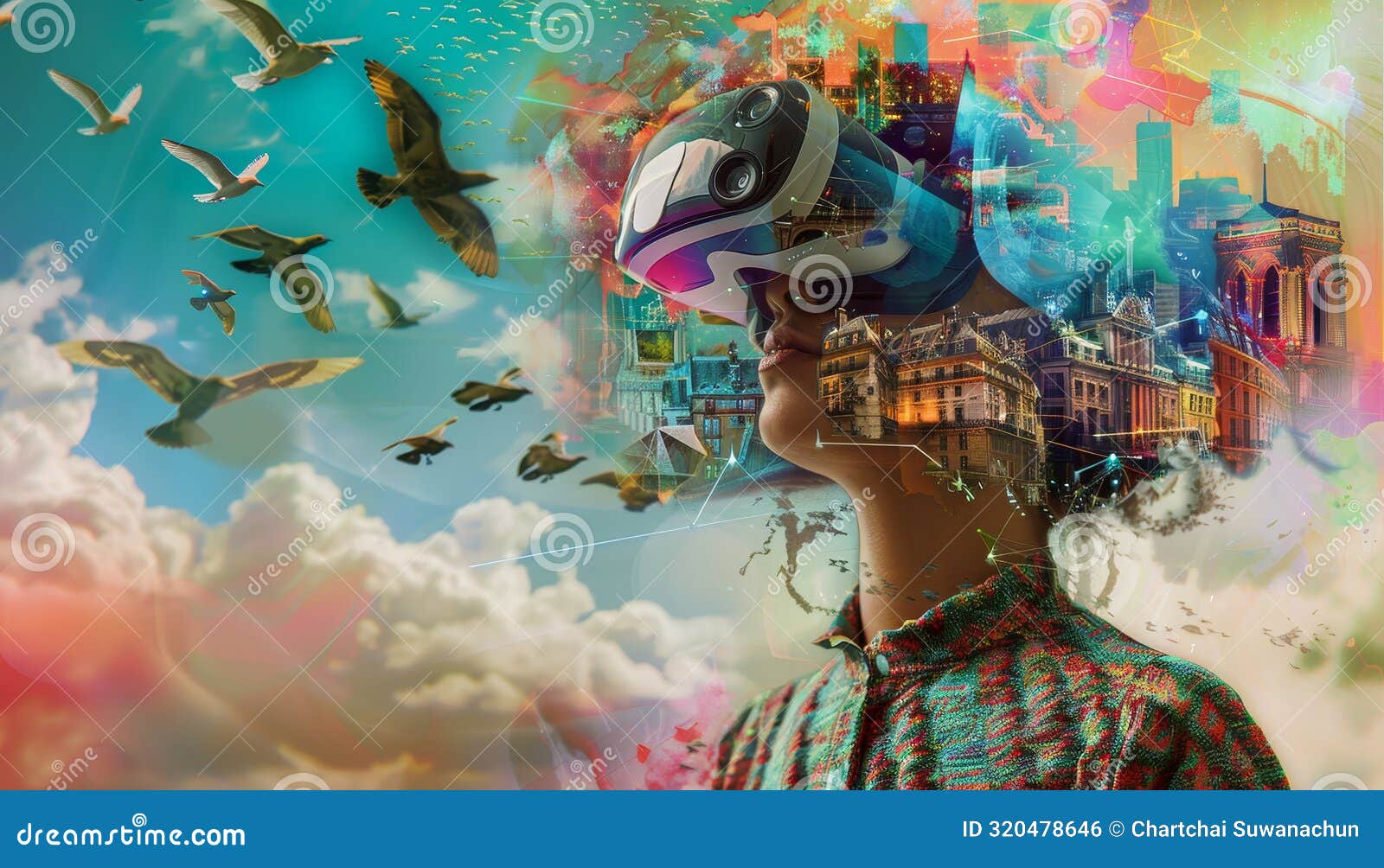 Surreal Digital Collage of VR Experience with Landmarks, Concept of ...