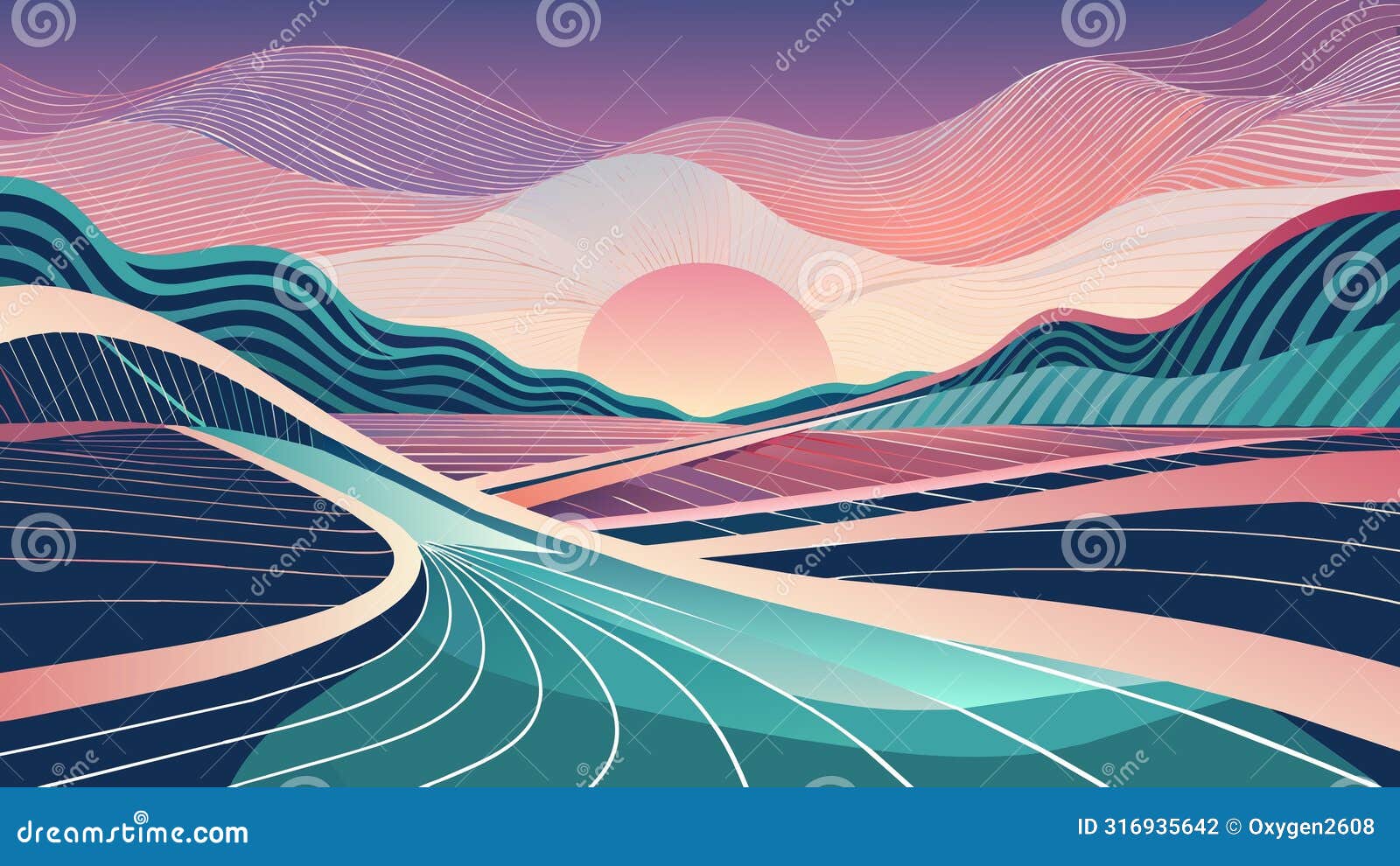 Surreal Digital Landscape with Vibrant Sunset and Wavy Patterns Vector ...