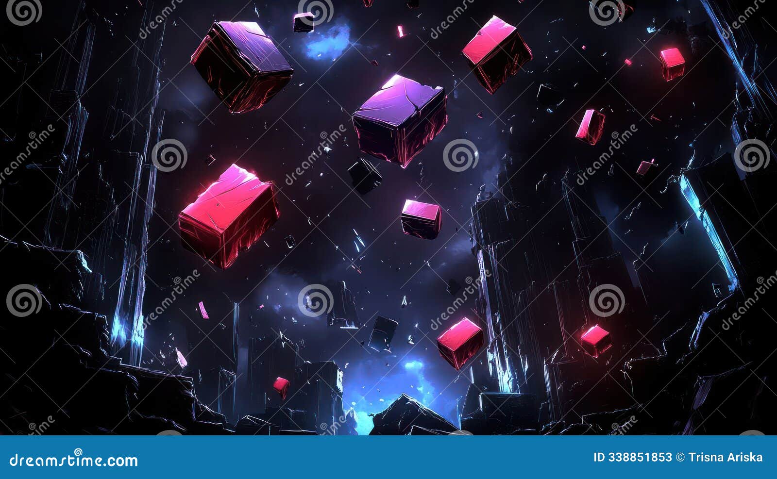 A Surreal Digital Scene Featuring Floating Geometric Shapes in a Dark ...
