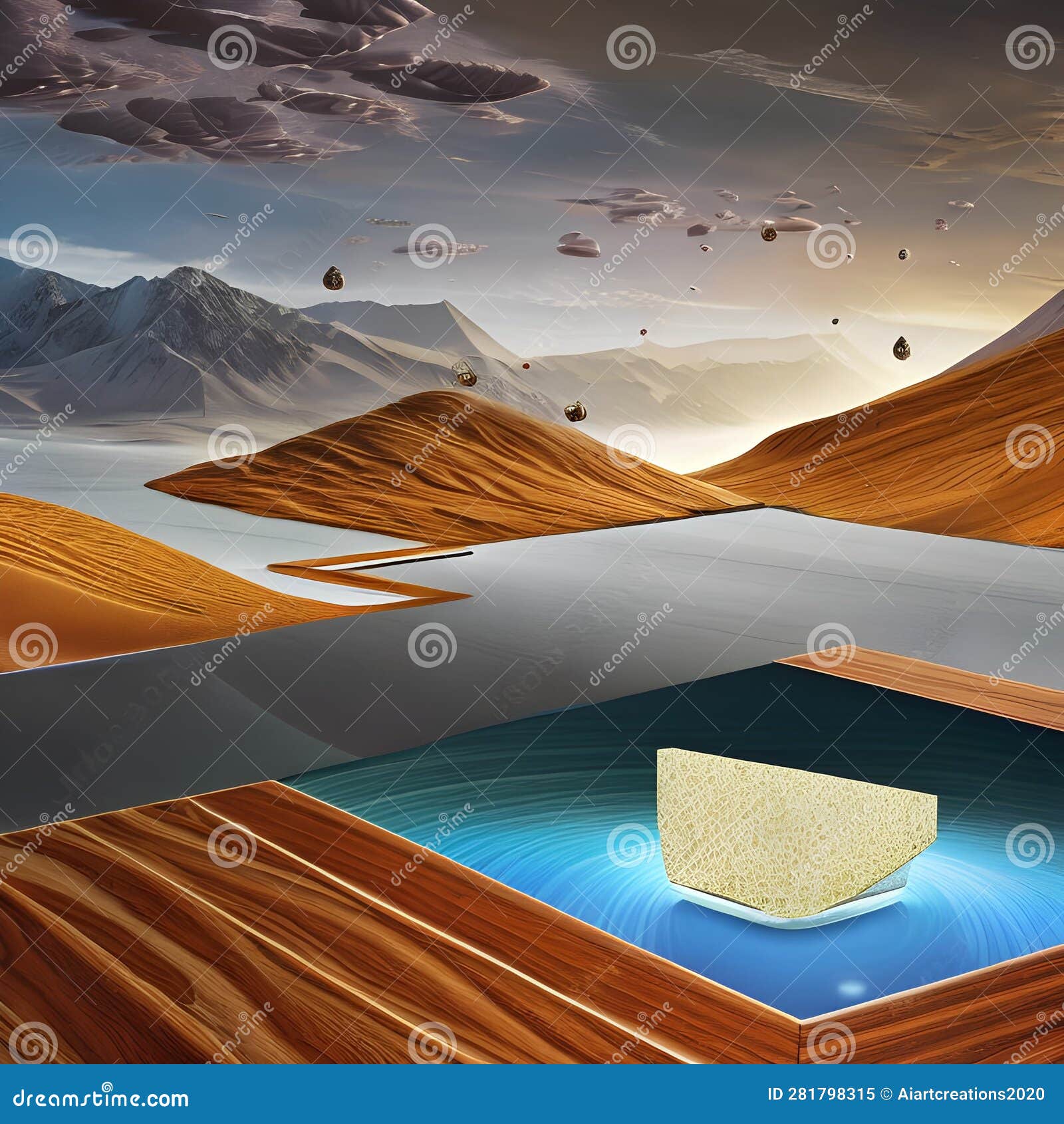 A Surreal Digital Texture with Floating Objects and Gravity-defying Elements, Creating a Sense ...