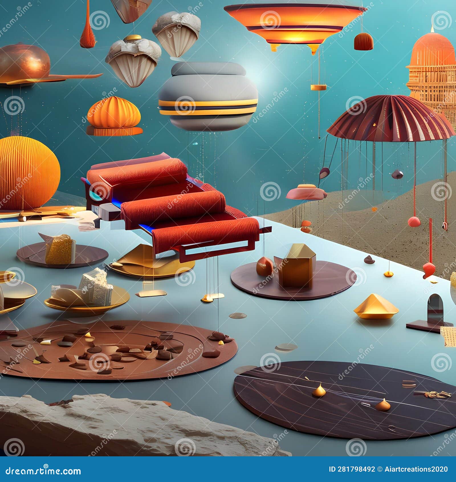 A Surreal Digital Texture with Floating Objects and Gravity-defying Elements, Creating a Sense ...