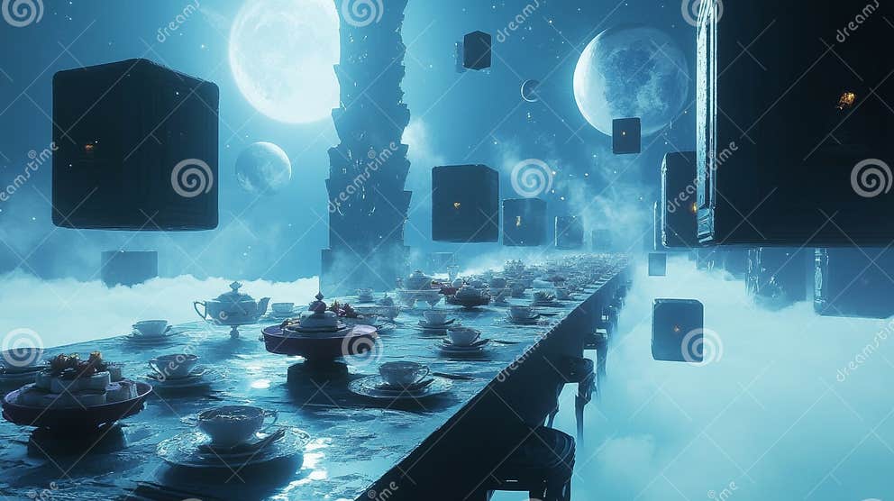 Surreal Dining Table in Floating Celestial Scene Stock Photo - Image of ...
