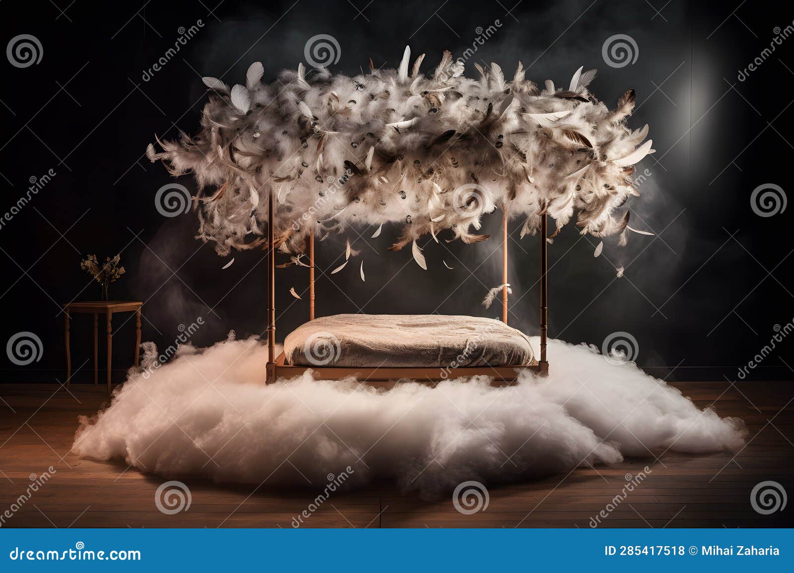 Surreal Levitating Bed Surrounded by a Cloud of Feathers. Generative AI ...