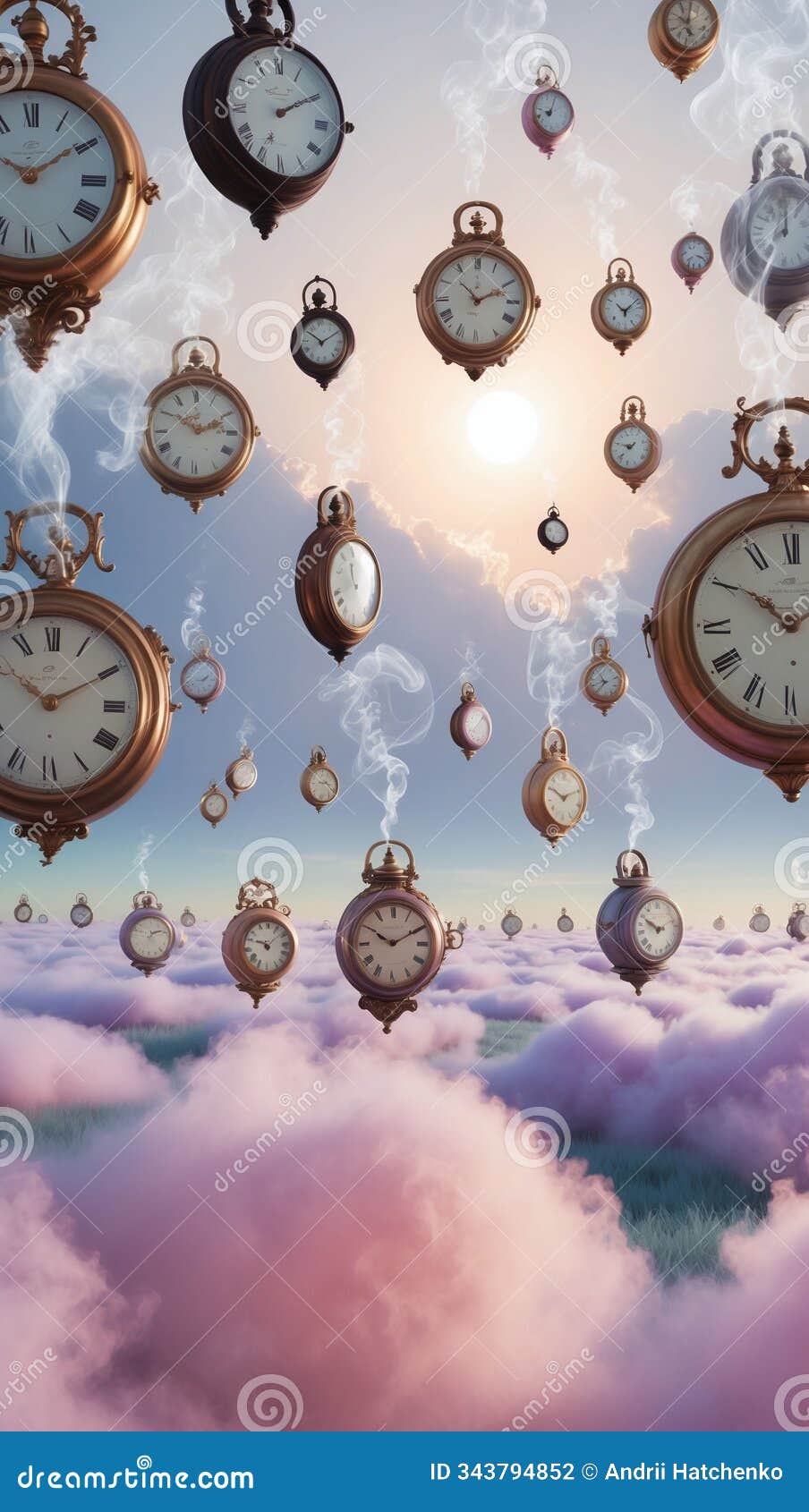 Surreal Dreamscape with Floating Clocks and Soft Clouds Blending into the Sky Stock Illustration ...