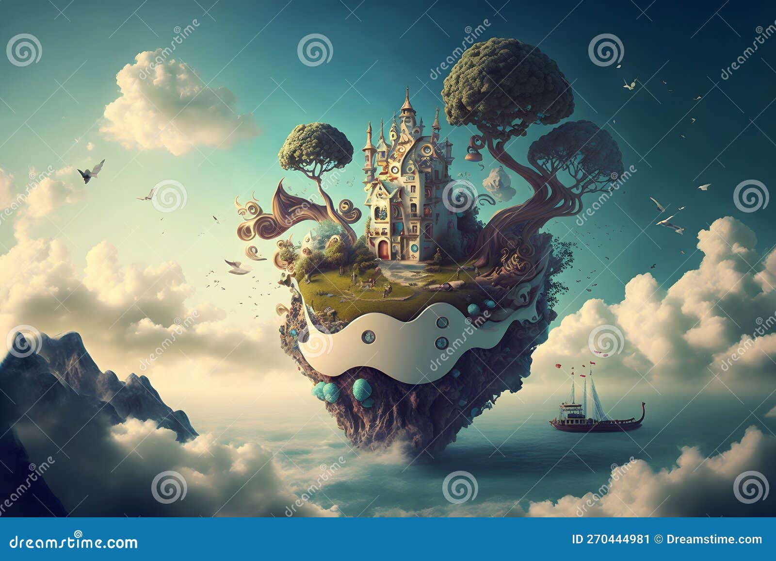 Surreal Dreamscape with Floating Island with Castle and Trees , Neural ... Surreal Dreamscape with Floating Island with Castle and Trees , Neural ...