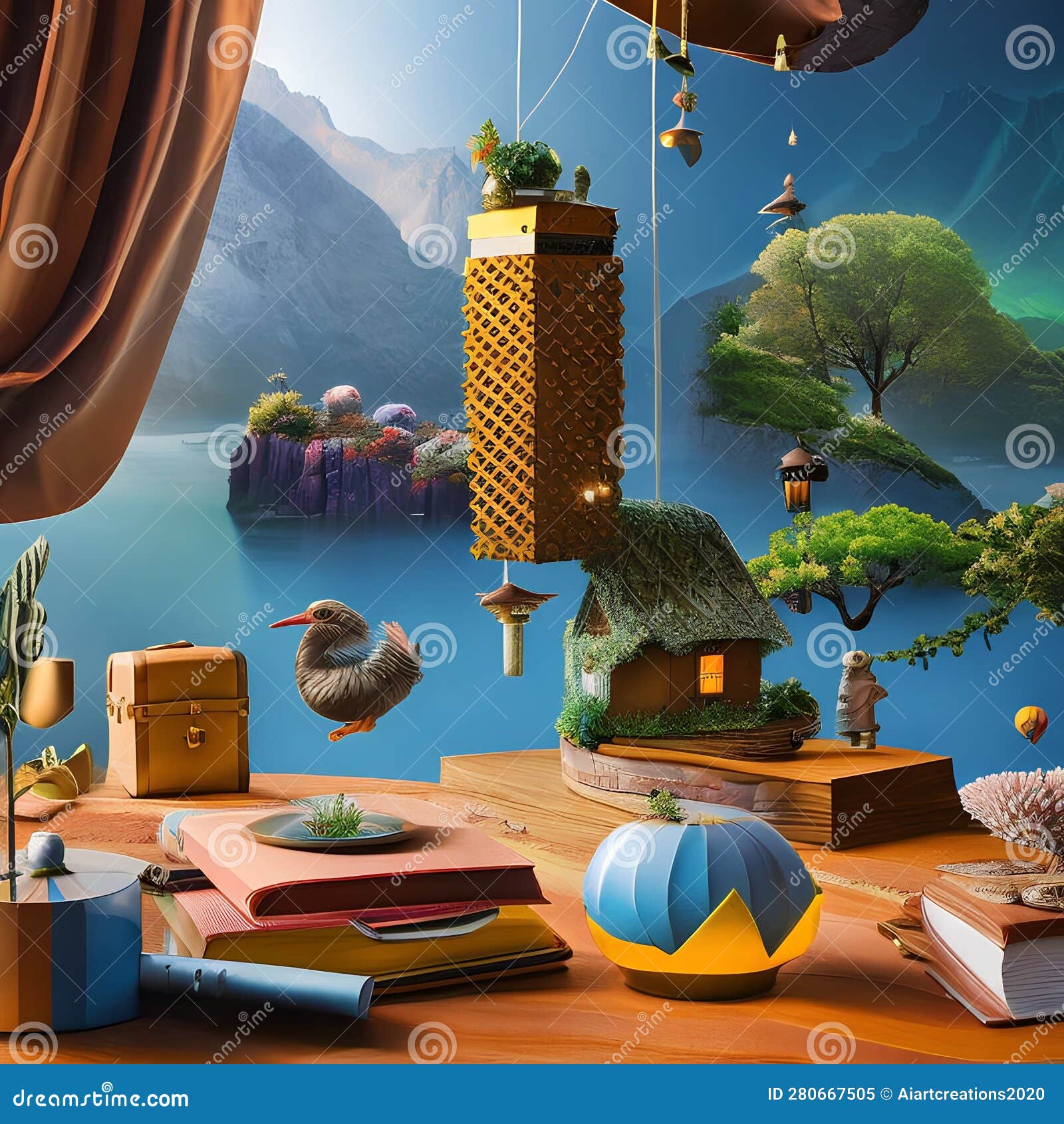A Surreal Dreamscape with Floating Objects, Whimsical Characters, and ...