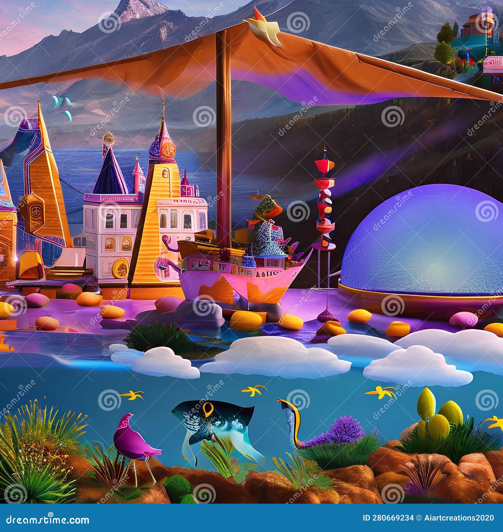 A Surreal Dreamscape with Floating Objects, Whimsical Characters, and ...