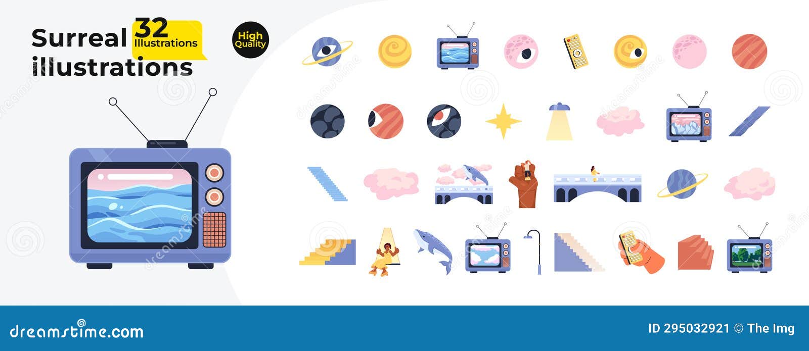 Surreal Dreamy 2D Cartoon Objects Bundle Stock Illustration ...