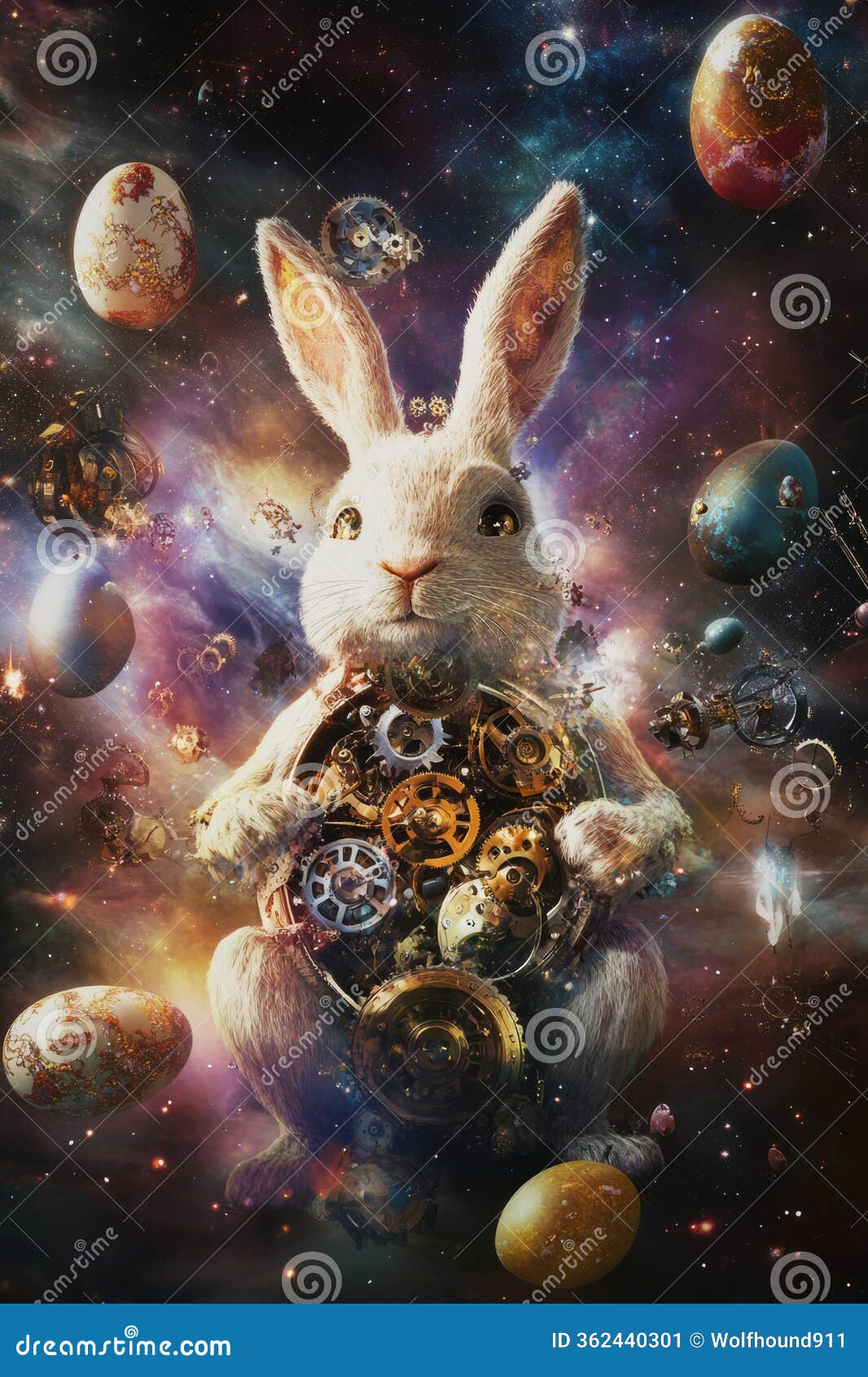 A Surreal Easter Bunny with Clockwork Gears Inside Its Body, Surrounded ...