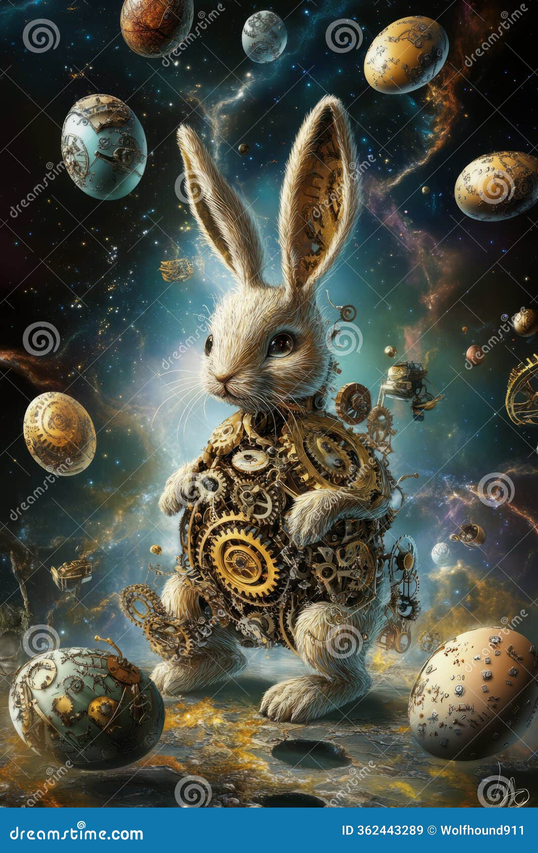 A Surreal Easter Bunny with Clockwork Gears Inside Its Body, Surrounded ...
