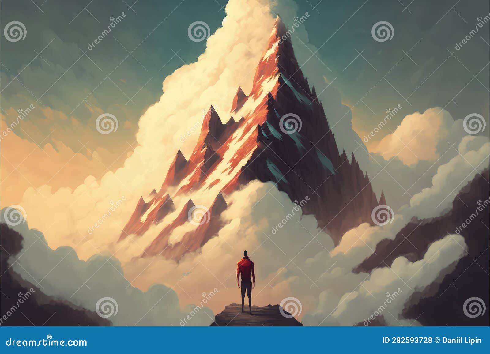 The Surreal Scene Displays a Man Strolling on Clouds, Gazing at ...