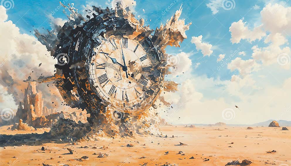 Surreal Exploding Clock in Desert Landscape Stock Illustration ...