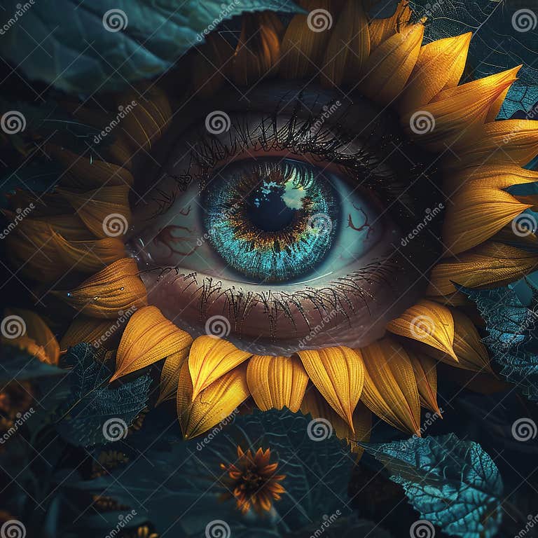 Surreal Eye Integrated with Sunflower in a Mystical Setting Stock ...