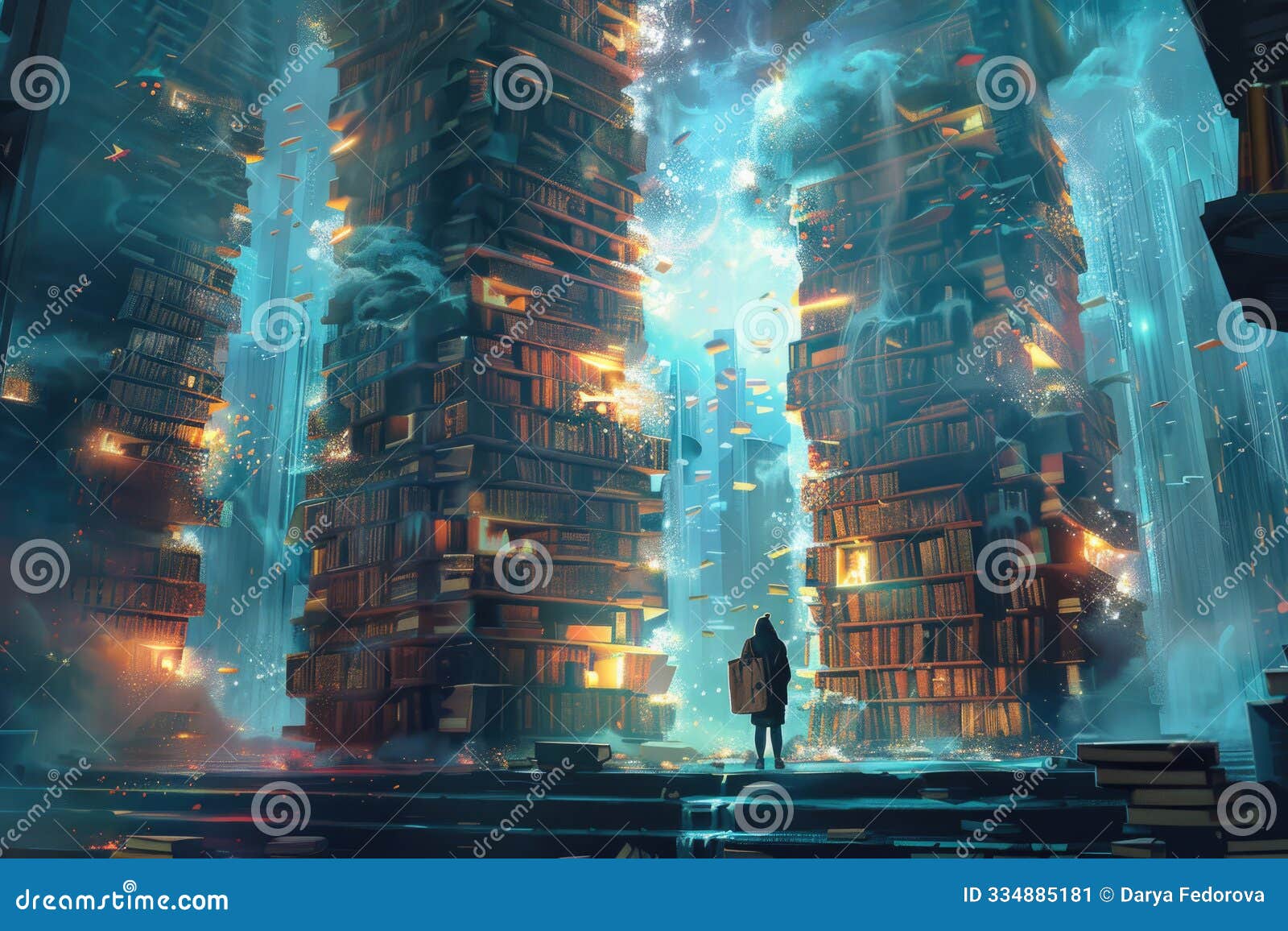 Surreal Fantasy Library with Endless Towering Bookshelves and Glowing ...