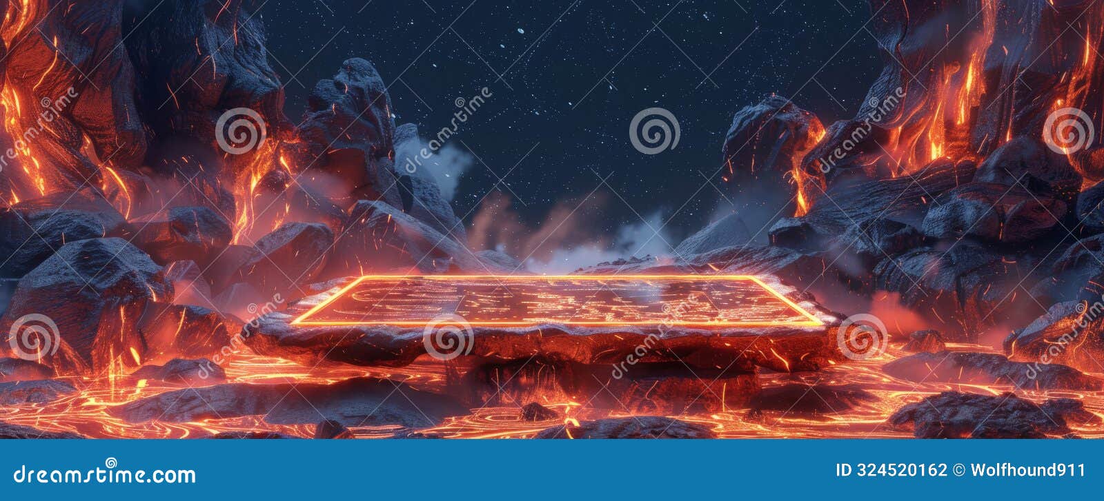 A Surreal Fire Lava Podium Setup with a Transparent Podium Floating ...