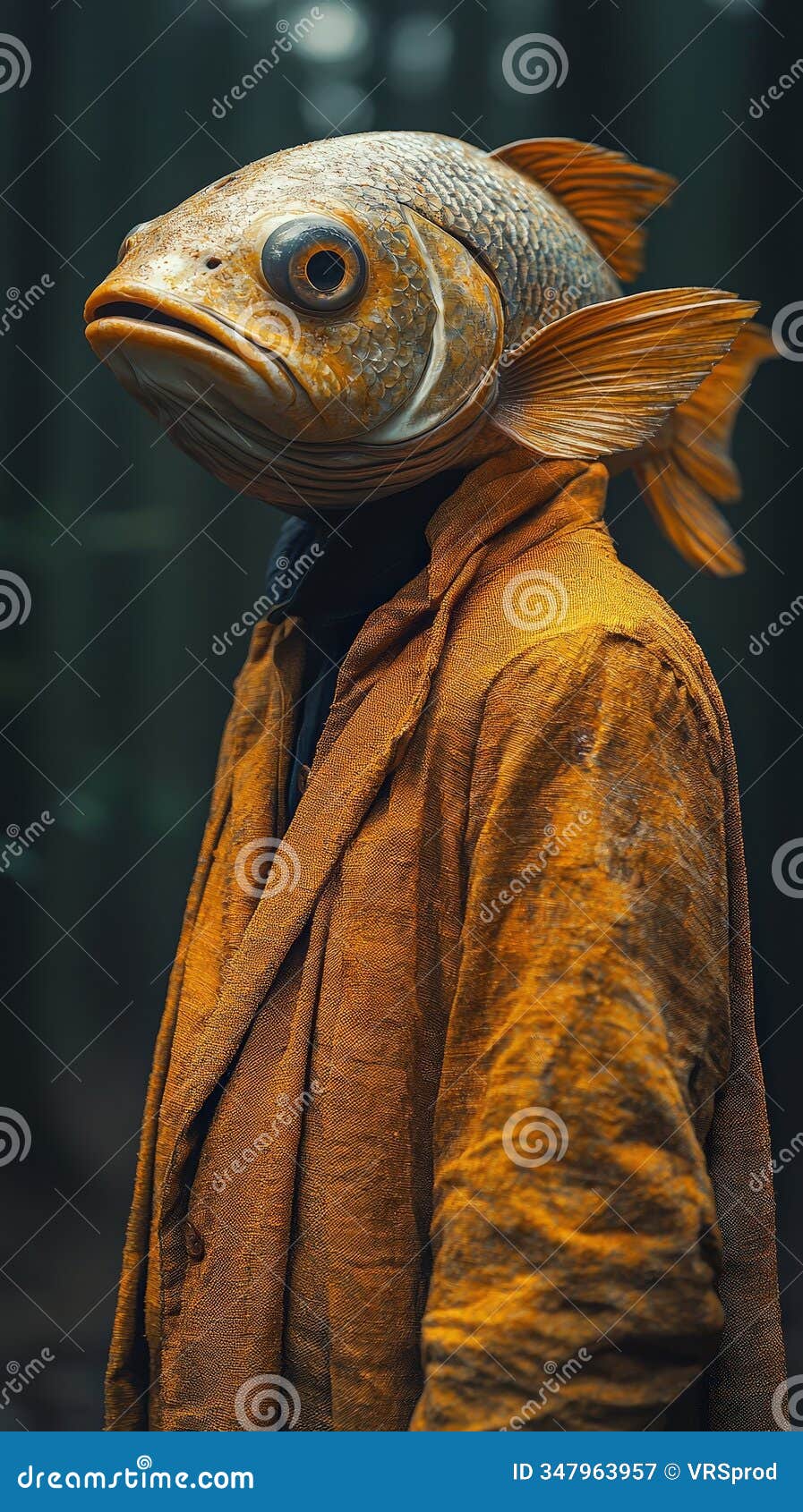 Surreal Fish-headed Figure in Orange Coat in Forest Stock Image - Image ...