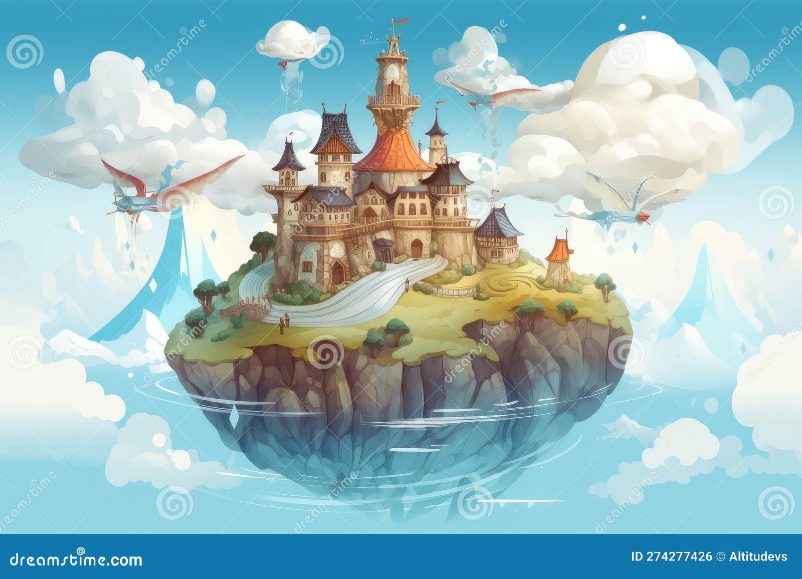 Surreal Float Island with Castle in the Clouds and Flying Dragons Stock ...