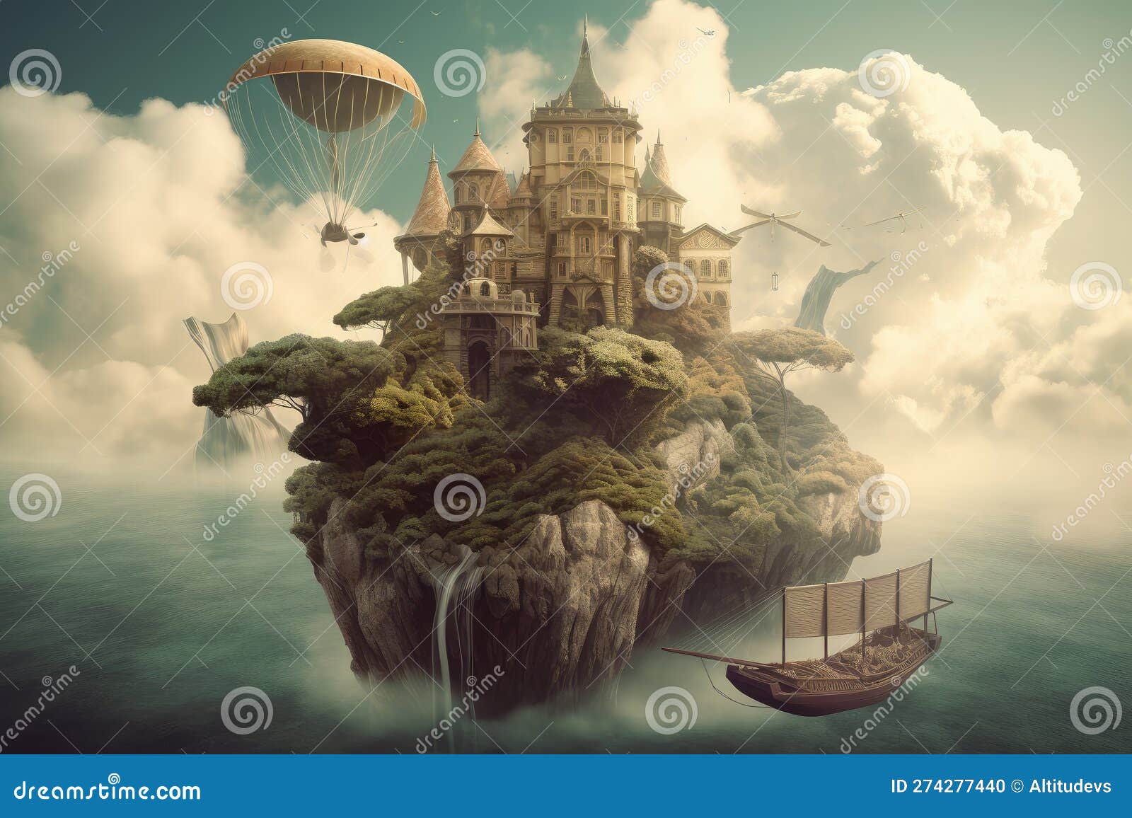 Surreal Float Island with Castle in the Clouds and Flying Dragons Stock ...