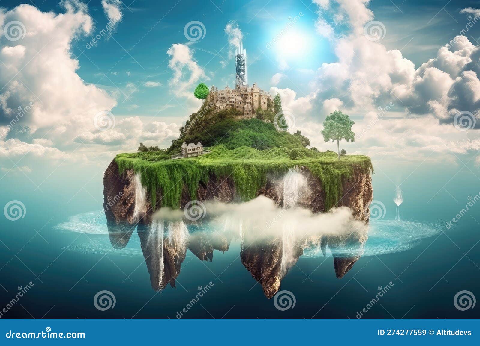 Surreal Float Island with Castle in the Clouds and Magical Waterfall ...