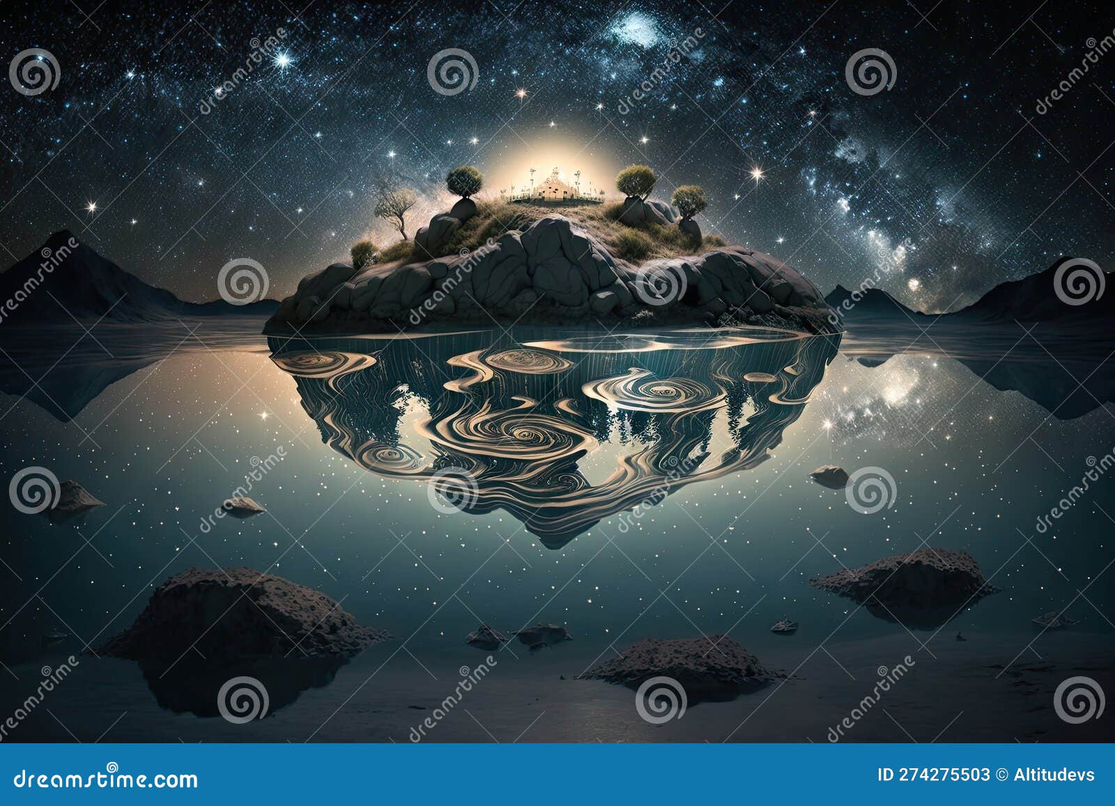 A Surreal Float Island with a Reflection of the Stars in the Water ...