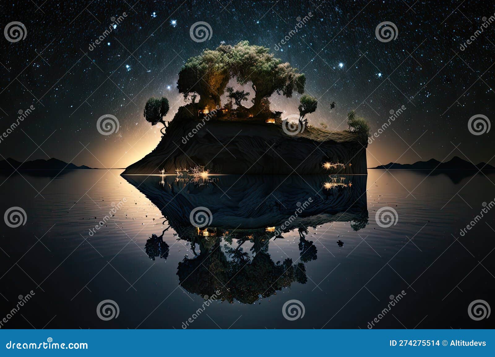 A Surreal Float Island with a Reflection of the Stars in the Water ...