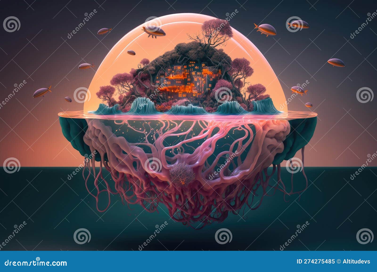 A Surreal Float Island in the Shape of a Jellyfish, with Tentacles ...
