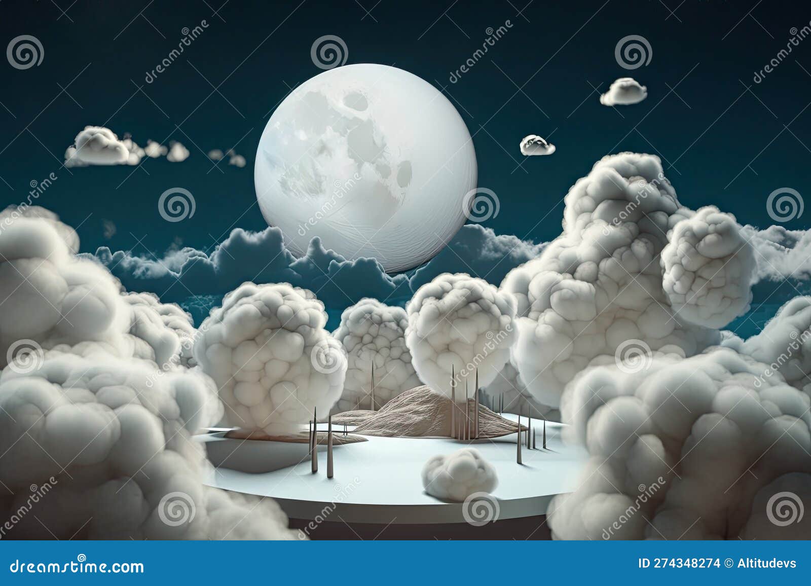 A Surreal Float Landscape with Floating Clouds and a Full Moon Stock ...