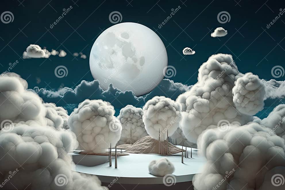 A Surreal Float Landscape with Floating Clouds and a Full Moon Stock ...