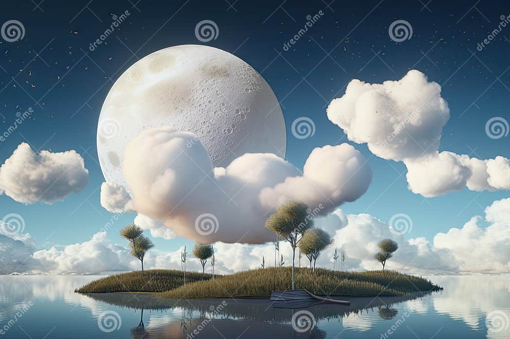 A Surreal Float Landscape with Floating Clouds and a Full Moon Stock ...