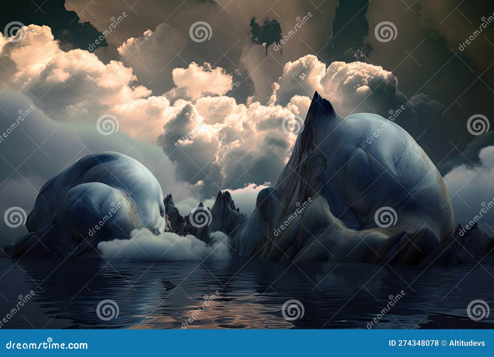 Surreal Float Landscape of Floating Mountains, with a Distant Storm on ...