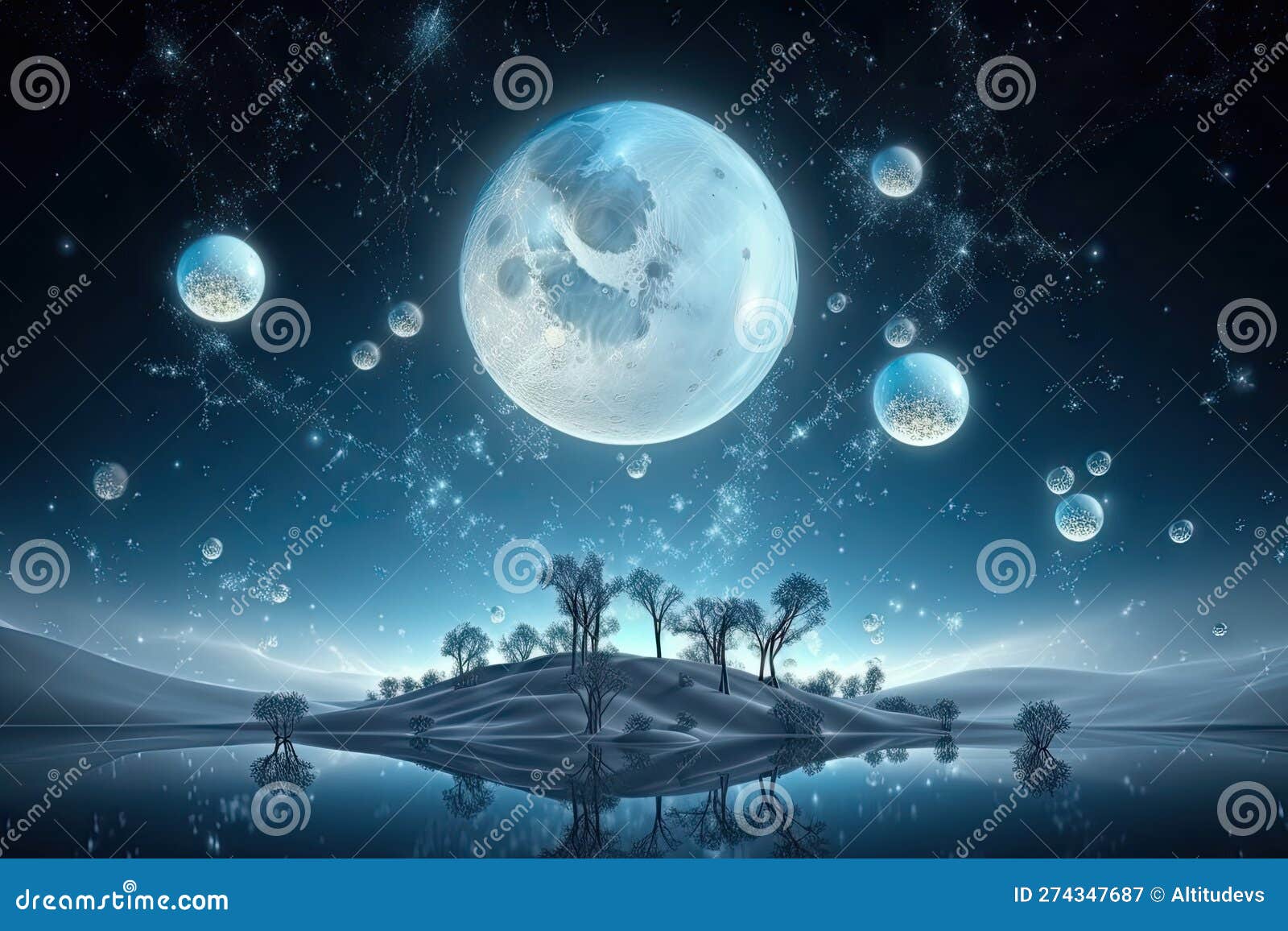 Surreal Float Landscape with Hovering Translucent Moon and Stars in the ...