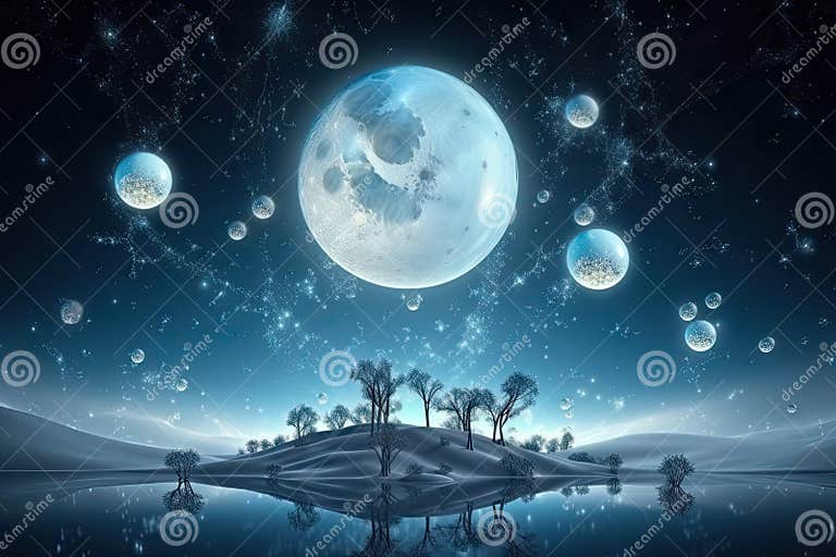 Surreal Float Landscape with Hovering Translucent Moon and Stars in the ...